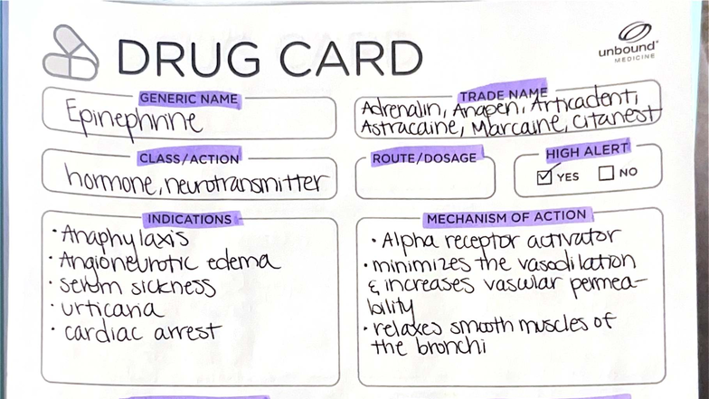 DRUG CARD - Epinephrine Overview for Weekly Discussion - Studocu