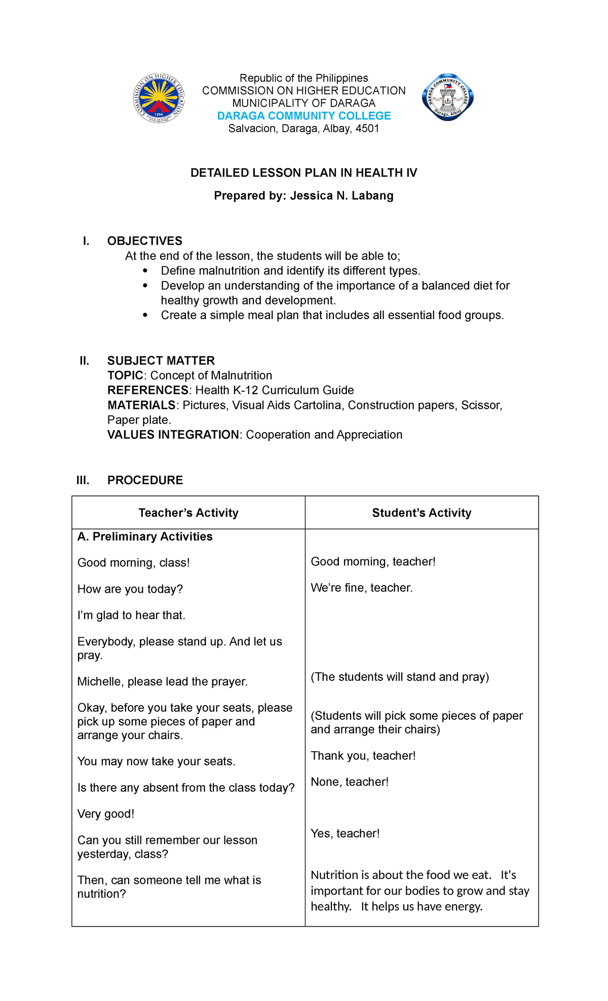 Health IV Detailed Lesson Plan: Understanding Malnutrition and ...