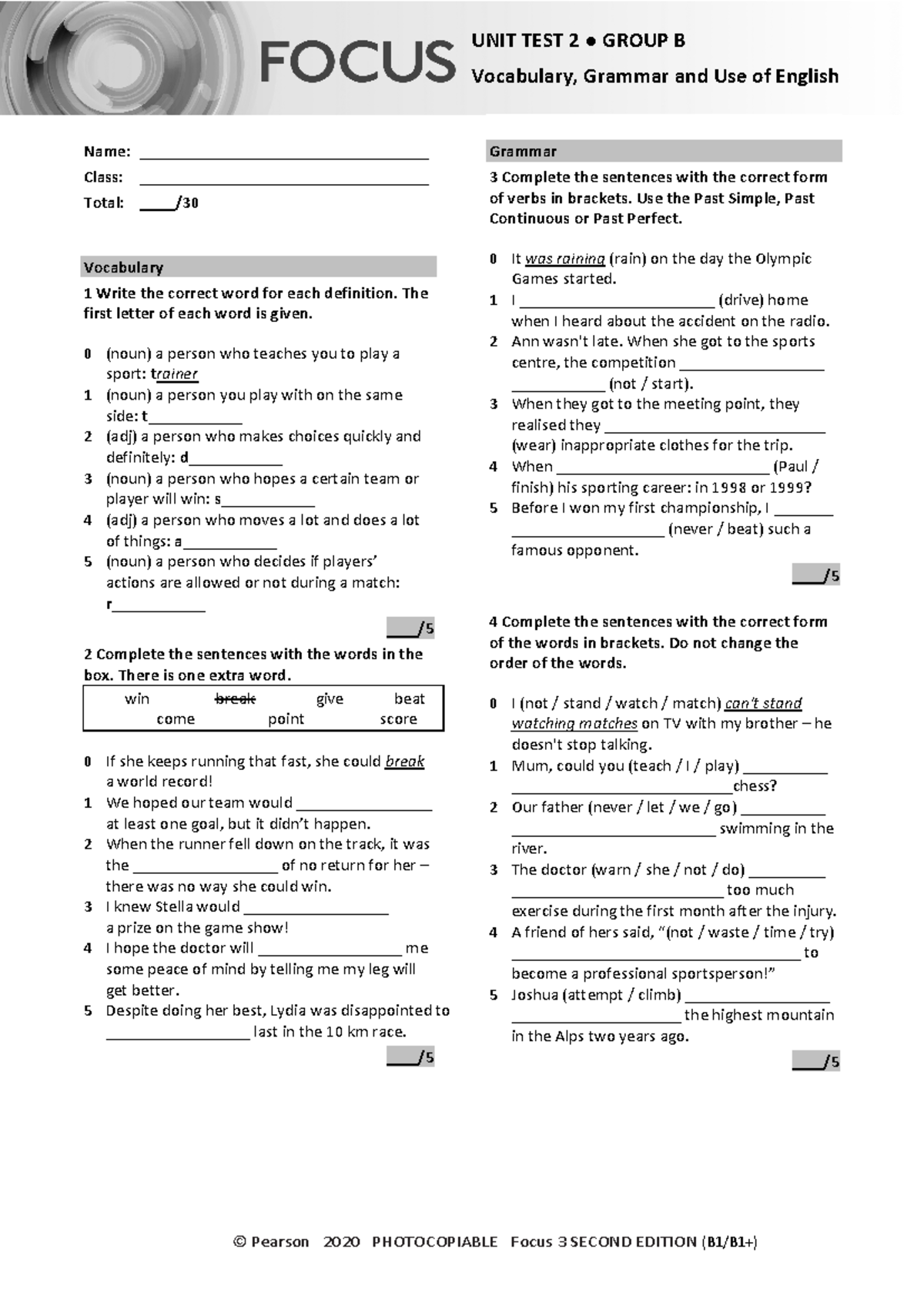 Focus 3 2E Unit Test 2 Vocabulary & Grammar Review - Group B - Studocu