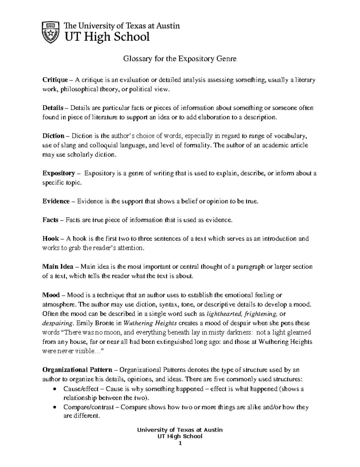 Glossary of Expository Writing Terms for UT High School - Studocu
