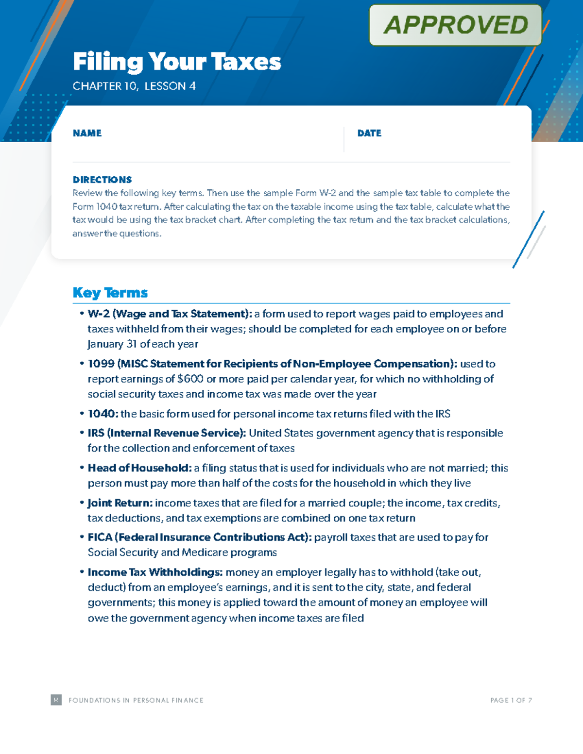 Filing Your Taxes: CH 10, Lesson 4 - Key Terms & Form 1040 Guide - Studocu