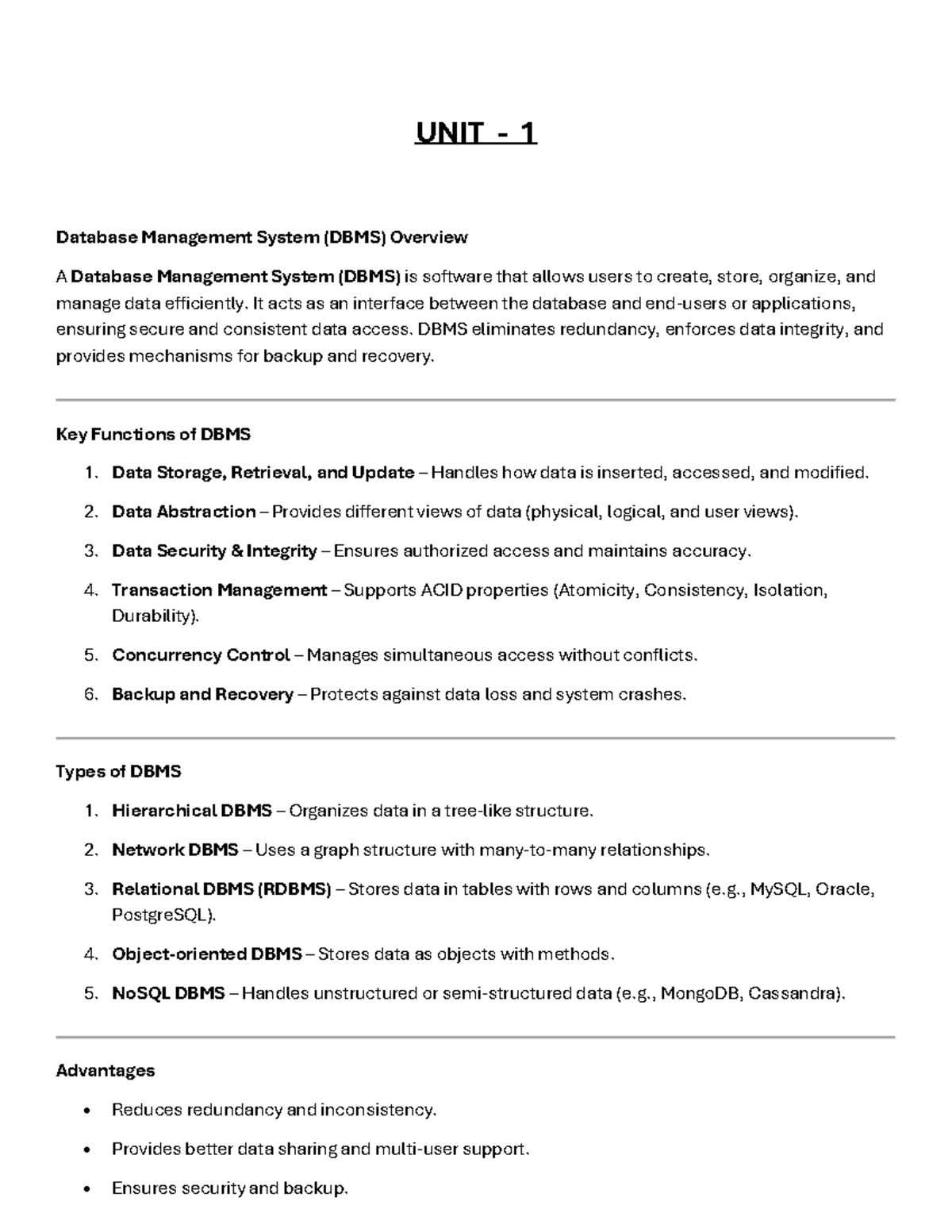 Unit 1: Overview of Database Management Systems (DBMS) - Studocu