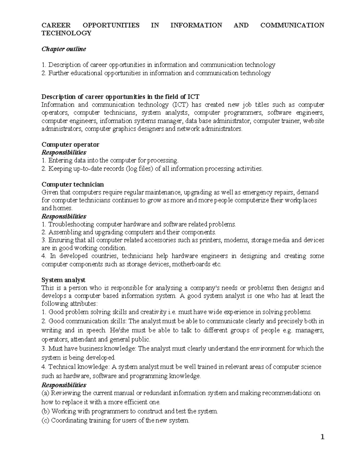 Career Opportunities in ICT: Chapter Overview and Insights - Studocu