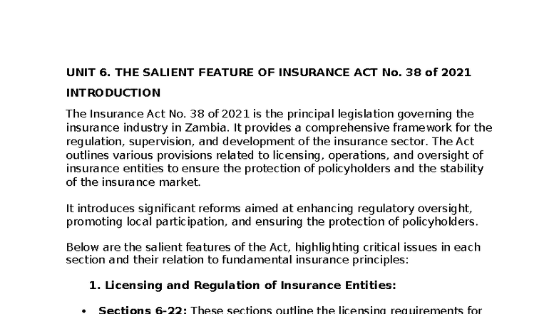 UNIT 6: Salient Features of the Insurance Act No. 38 of 2021 in Zambia ...