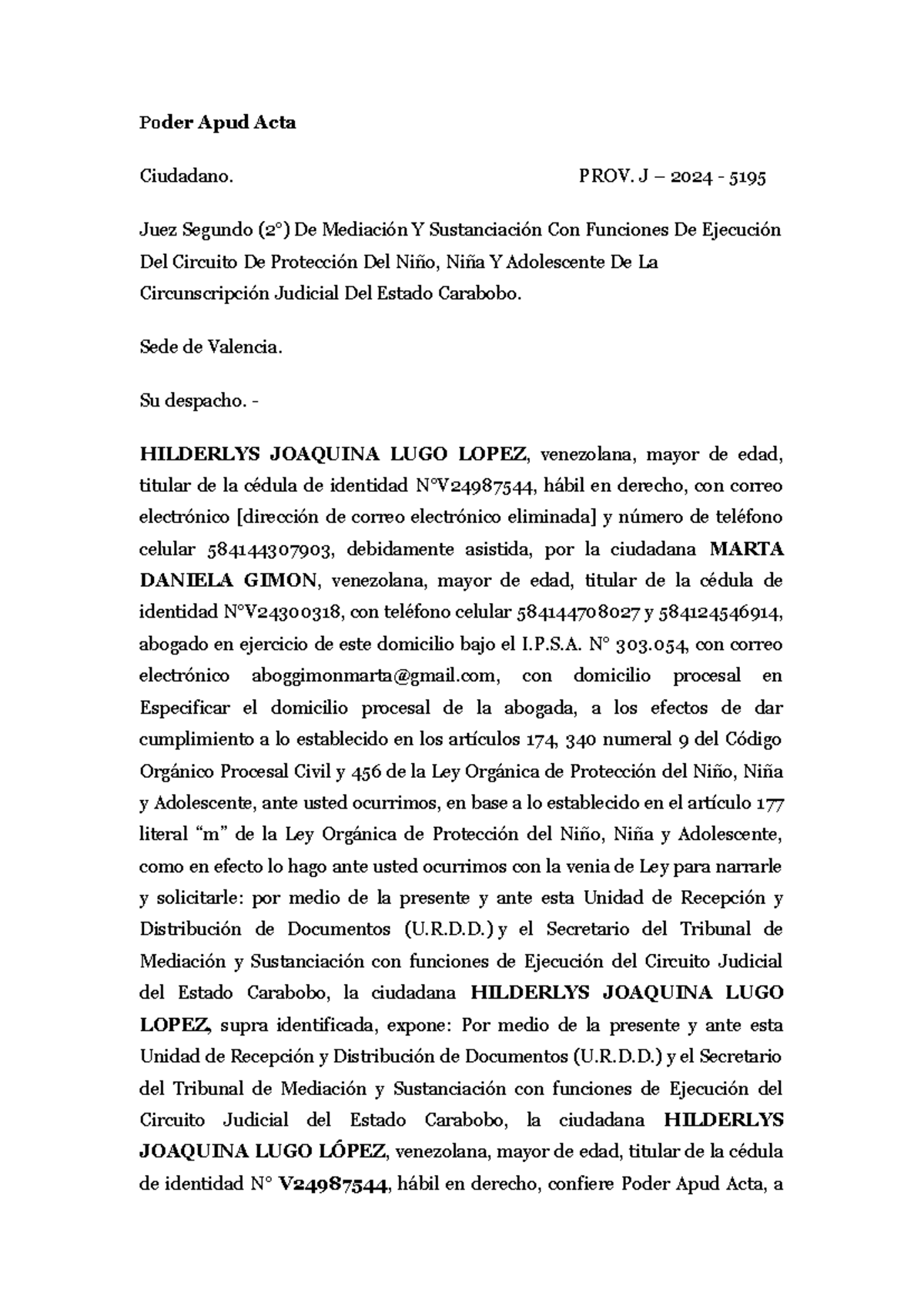 Poder Apud Acta para Representación Legal - Hilderlys Lugo - Studocu