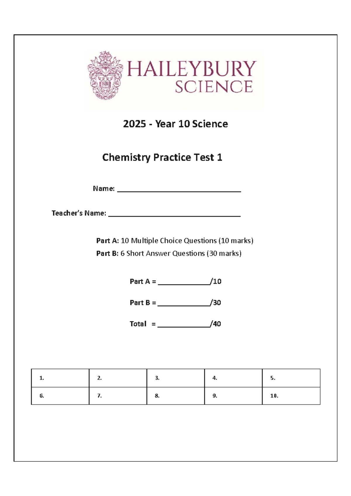 Year 10 Science Chemistry Practice Test 1 (2025) - Studocu