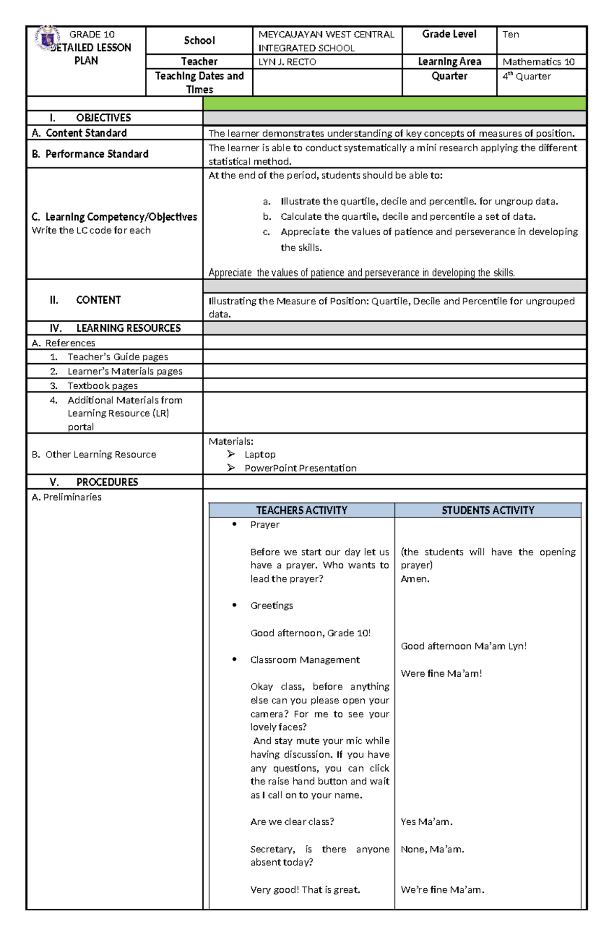 Measure of Position: Quartiles, Deciles, and Percentiles - Math 10 Lesson - Studocu