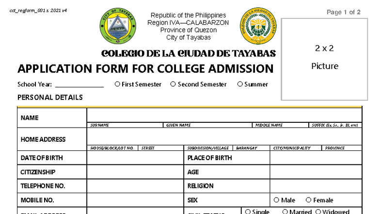 CCT College Admission Application Form (A4 Size) v4.5 - Studocu