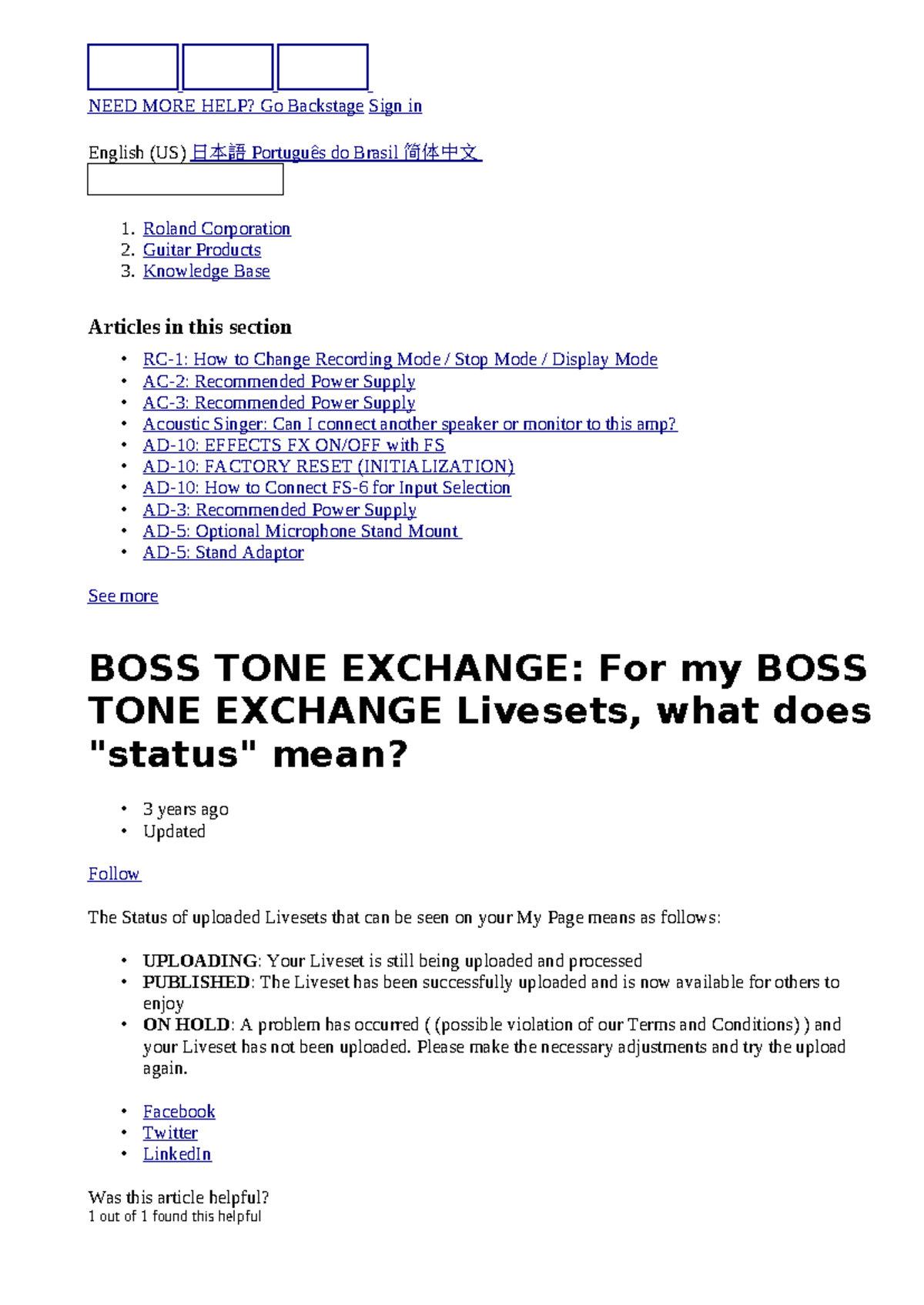 BOSS TONE Exchange For my BOSS TONE Exchange Livesets, what does status ...