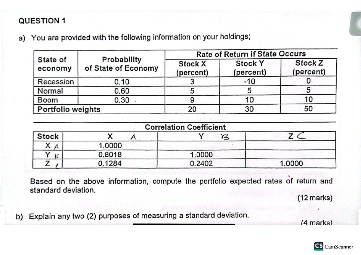 Chap 3 Exercise Questions on Portfolio Return & Std Dev Analysis CS ...