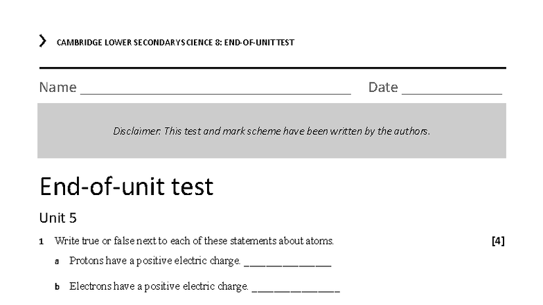 End-of-Unit 5 Test: Cambridge Lower Secondary Science 8 - Studocu