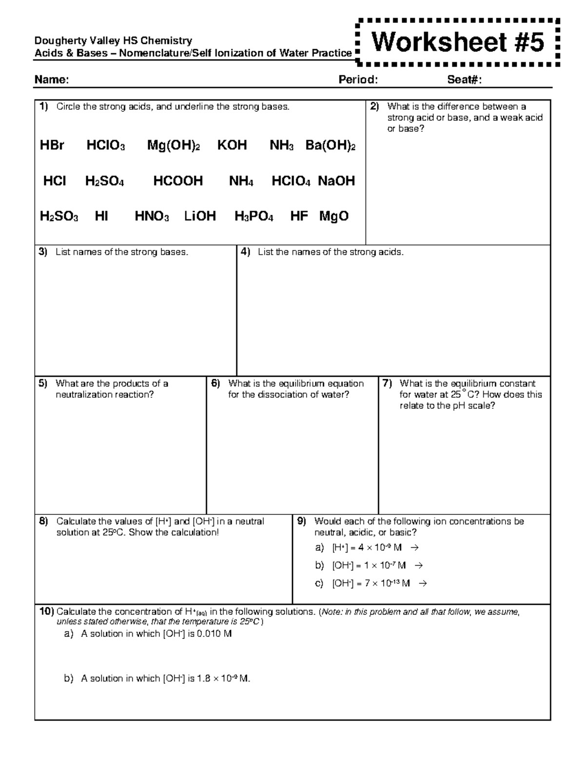 Chemistry 101: Acids and Bases WS 5 - Ionization of Water Practice ...