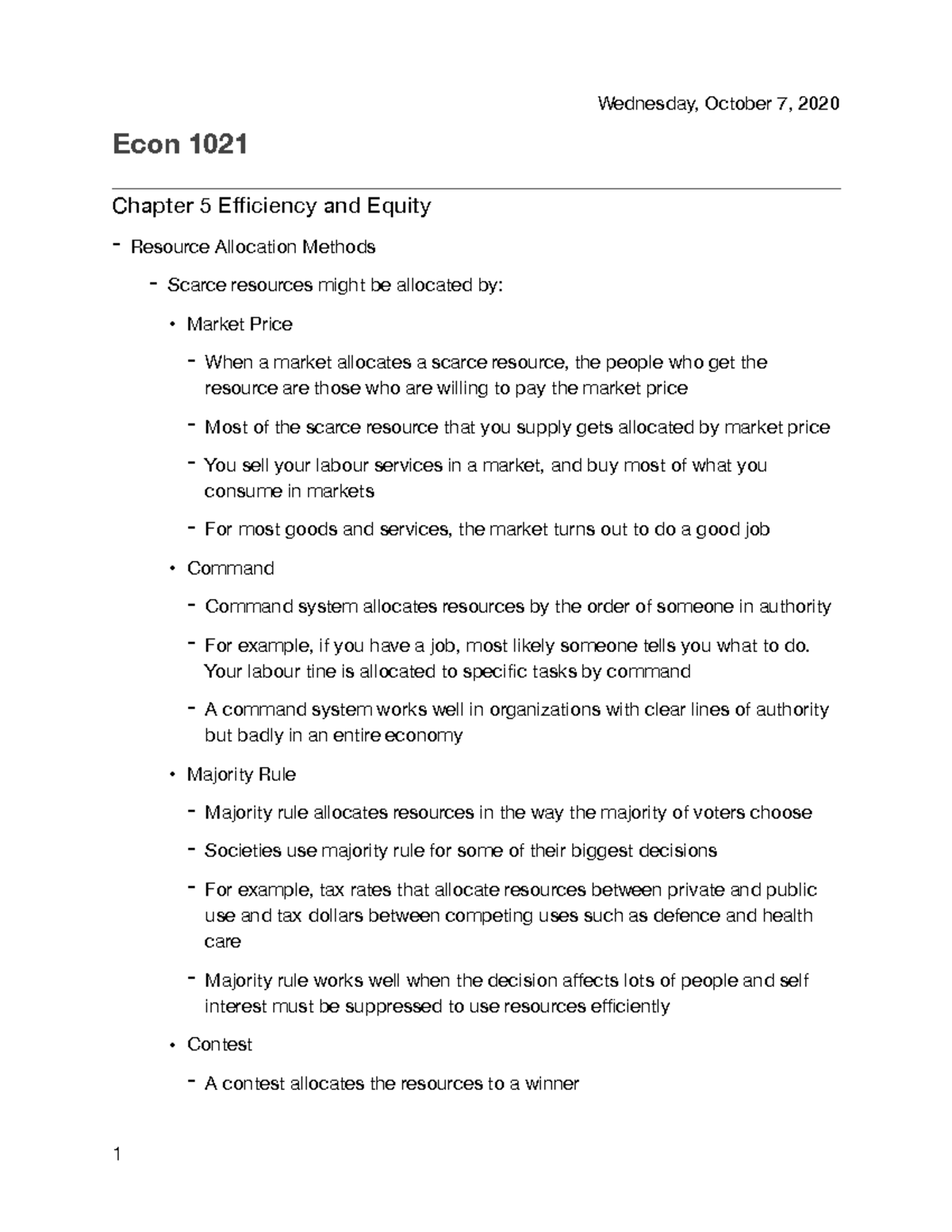 Econ 1021 Chapter 5 Notes: Efficiency, Equity & Resource Allocation ...