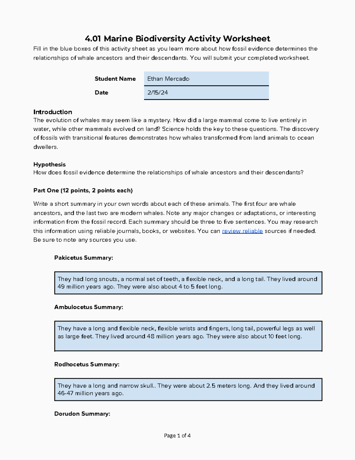 4.01 Marine Biodiversity Assignment: Fossil Evidence of Whales - Studocu