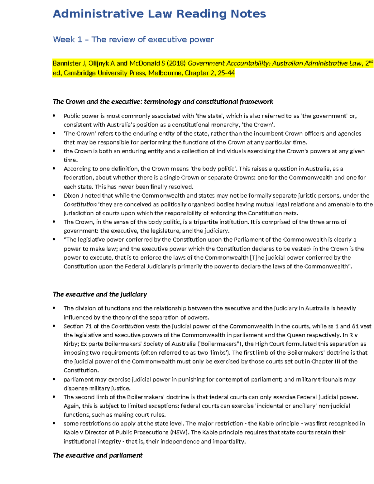 Administrative Law Reading Notes: Week 1 - Executive Power Overview ...