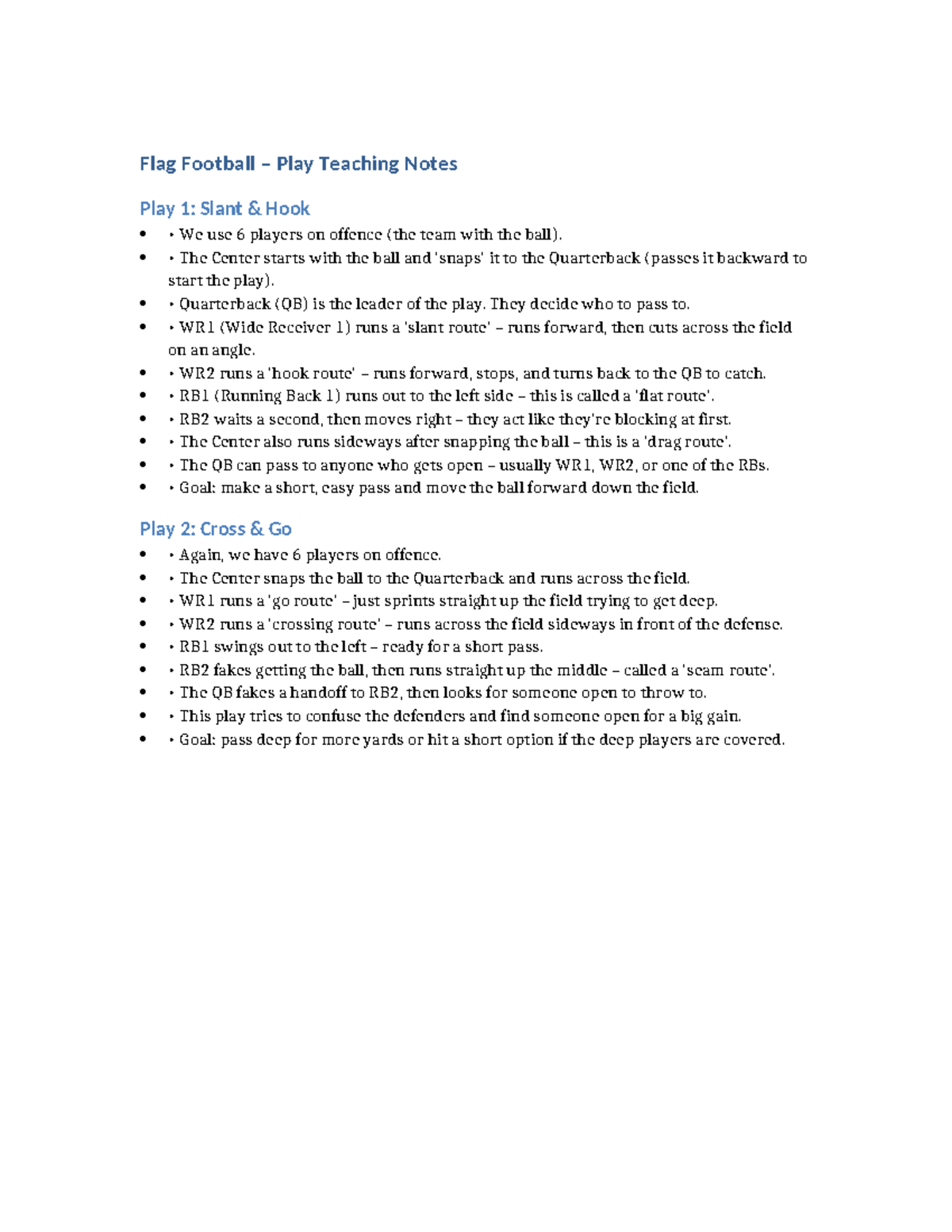 Flag Football Play Teaching Notes: Offense Strategies & Plays - Studocu