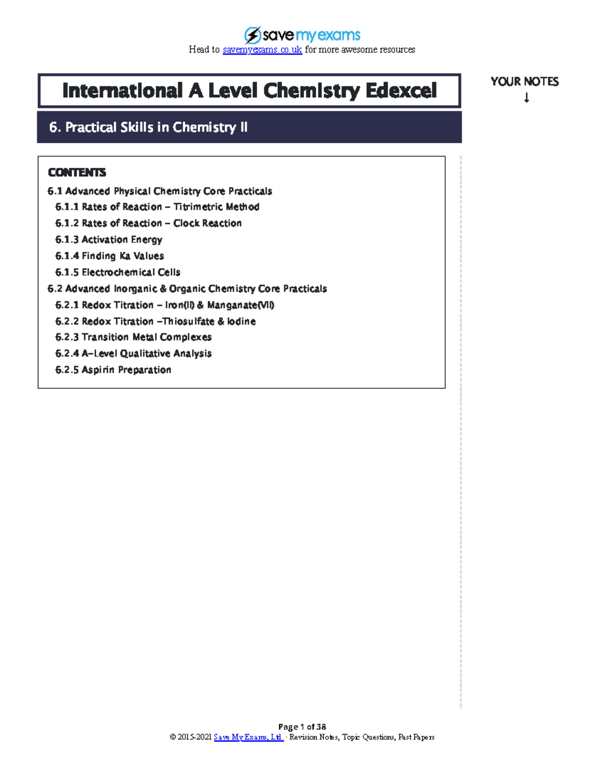 A-Level Chemistry: Core Practicals Unit 6 Overview and Methods - Studocu