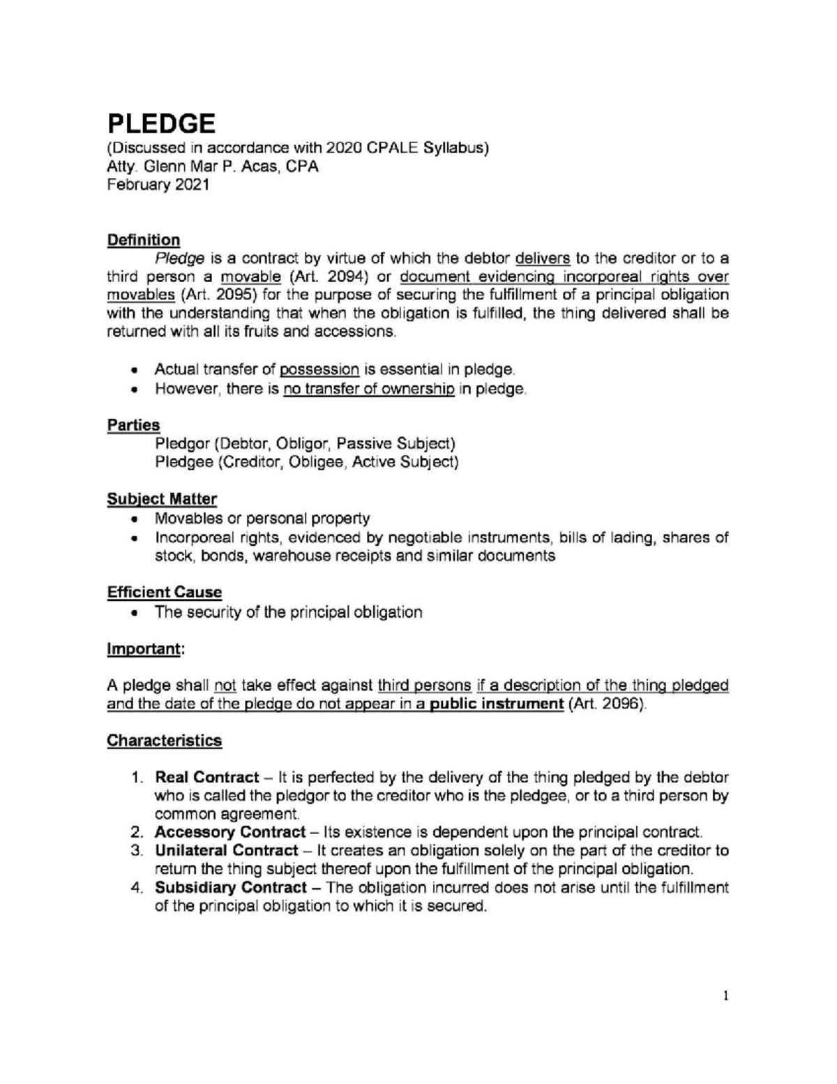 06-Pledge Notes: Understanding the Contract and Its Implications - Studocu