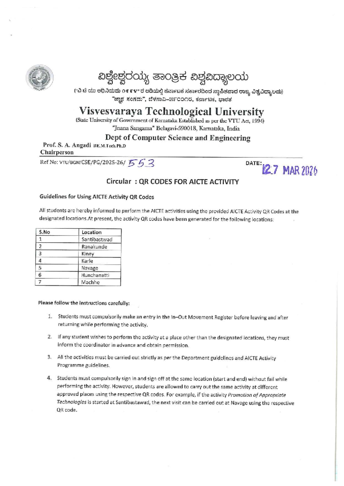 AICTE Activity QR Codes Circular - Guidelines for Students - Studocu