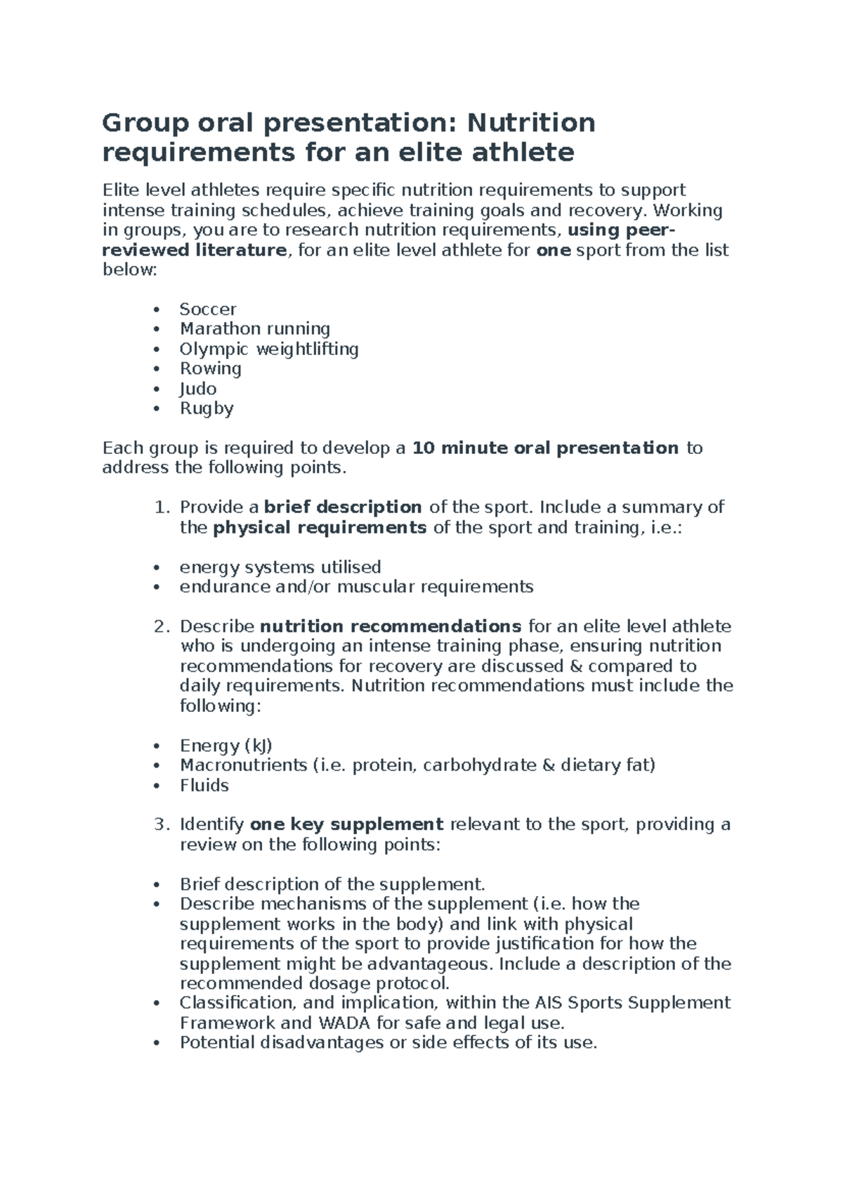 Group oral presentation- Nutrition requirements for an elite athlete ...