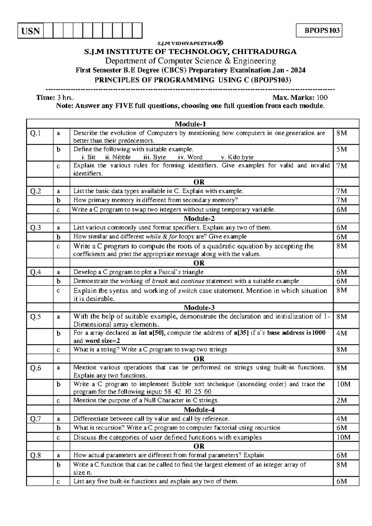 USN BPOPS103 Jan 2024 Prep Exam: Principles of Programming in C - Studocu