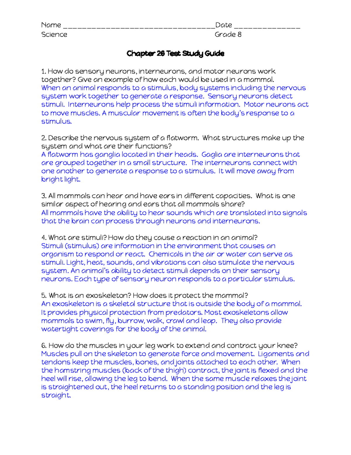 Grade 8 Science - Chapter 26 Nervous System Test Study Guide - Studocu