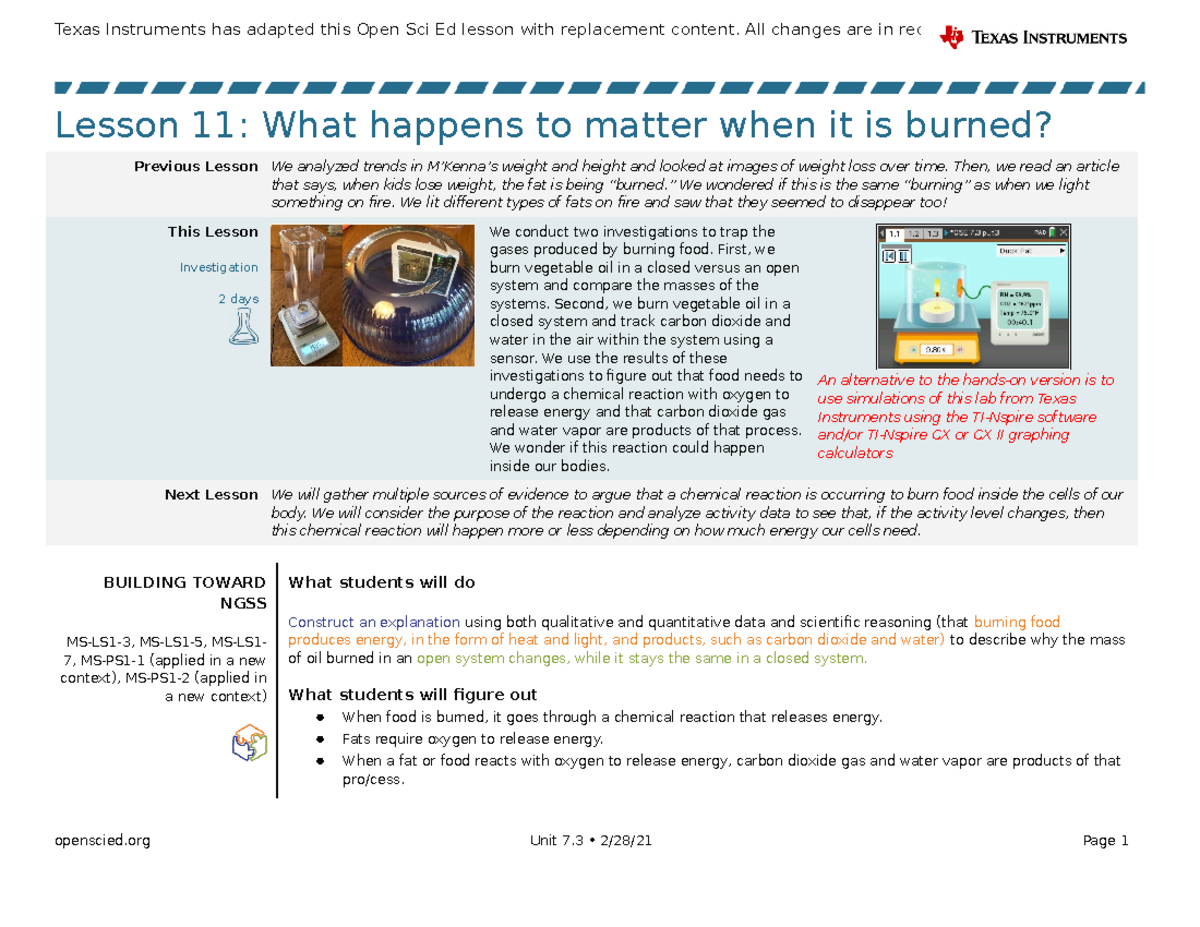 7.3 Lesson 11: Teacher Edition on Matter Changes When Burned Using TI ...