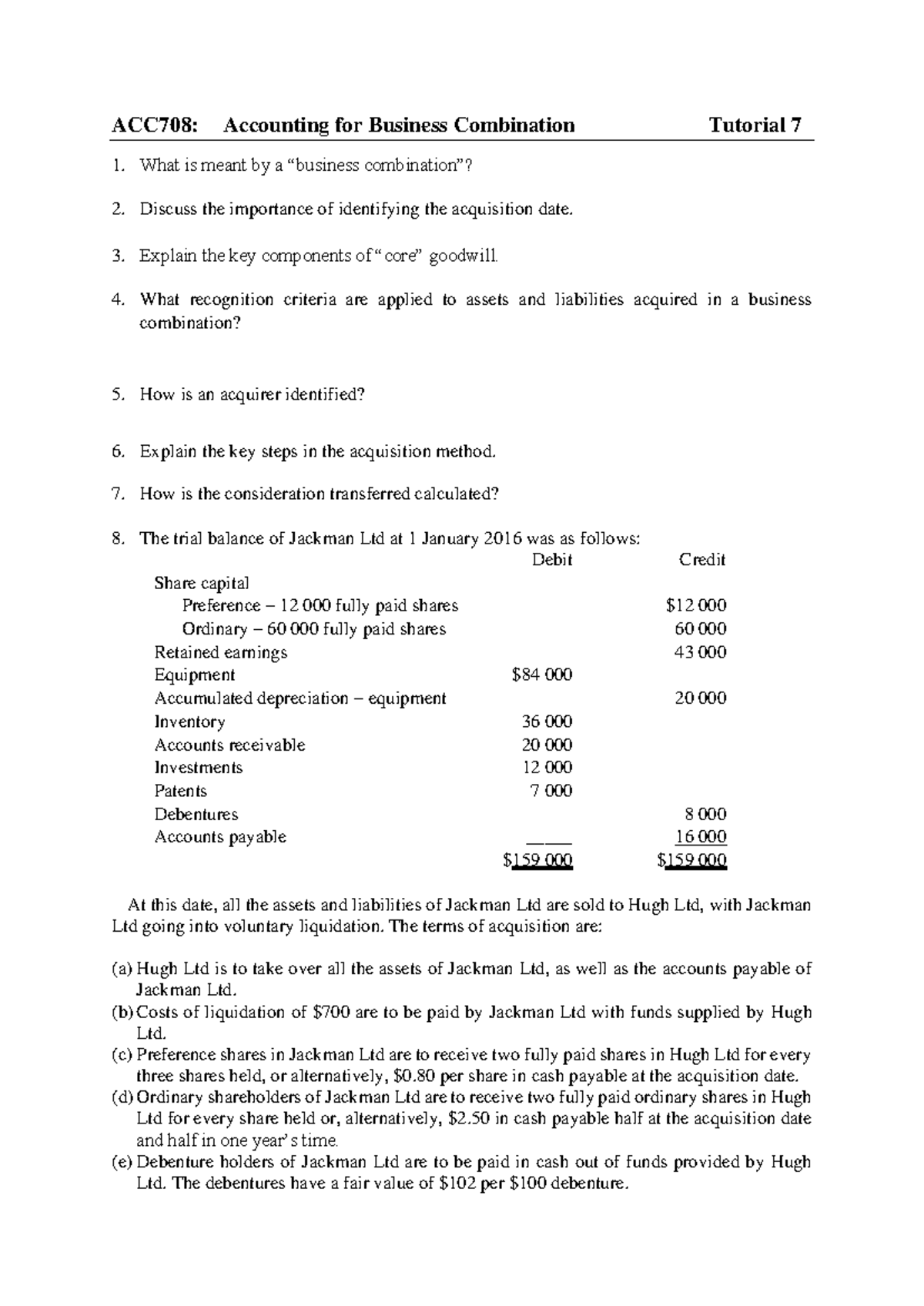 ACC708: Business Combination Tutorial 7 - Acquisition Analysis ...