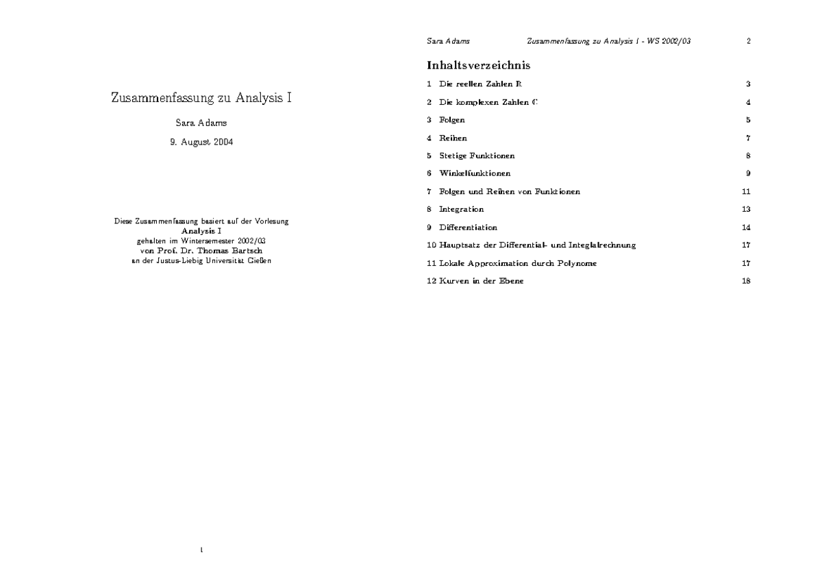 Analysis I - Zusammenfassung - Zusammenfassung zu Analysis I Sara Adams ...