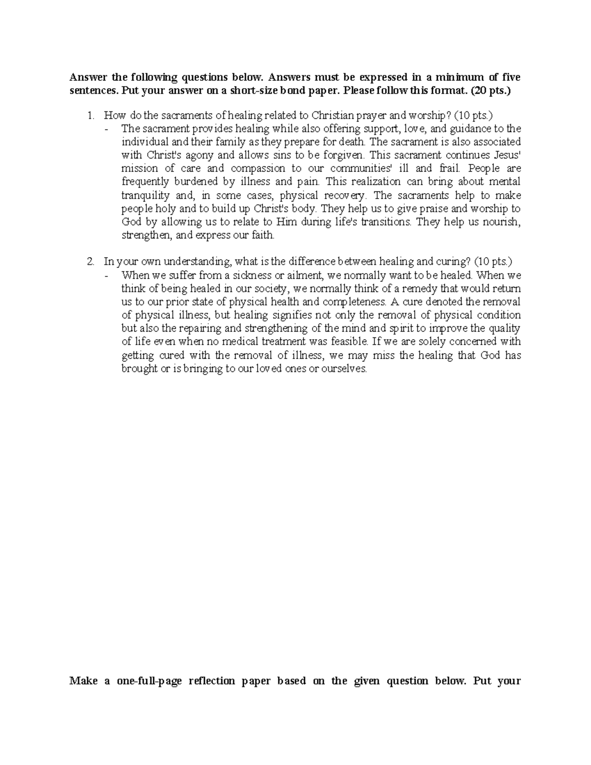 Christian Sacraments of Healing: A Reflection Essay - Studocu