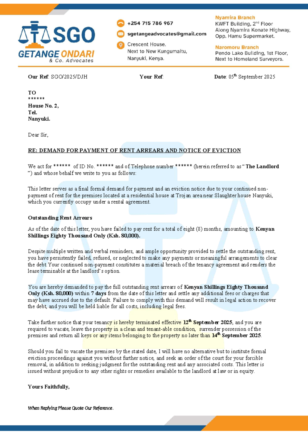 Demand for Rent Arrears & Eviction Notice - Ref: 05/09/2025 - Studocu