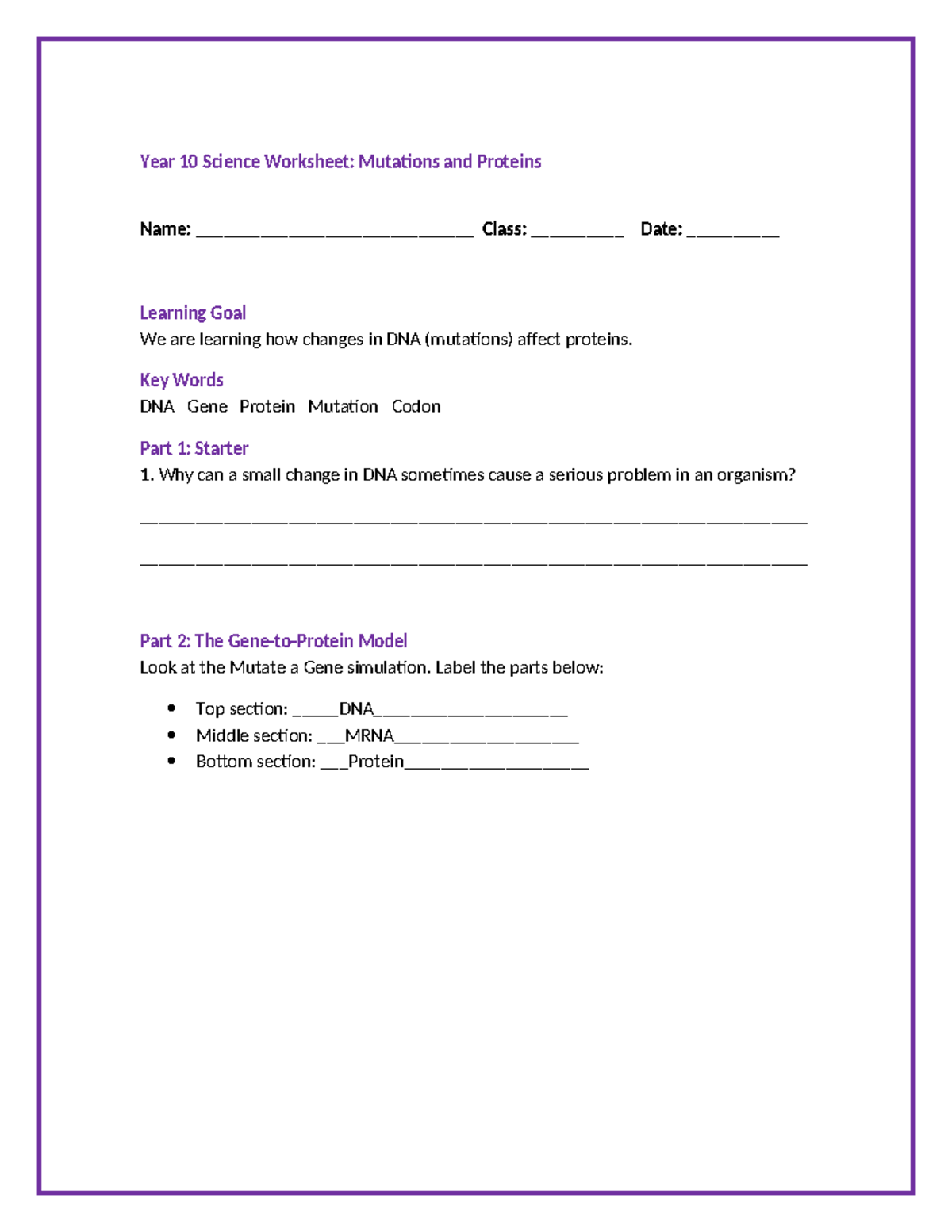 Year 10 Science Worksheet: Guided Study on Mutations and Proteins - Studocu
