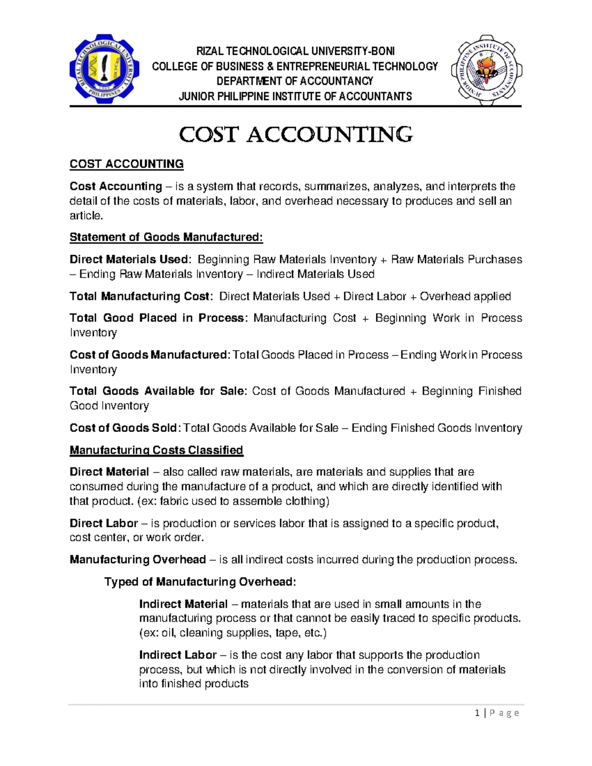 COST ACC 101 - Chapter 1: Cost Accounting Fundamentals Review - Studocu
