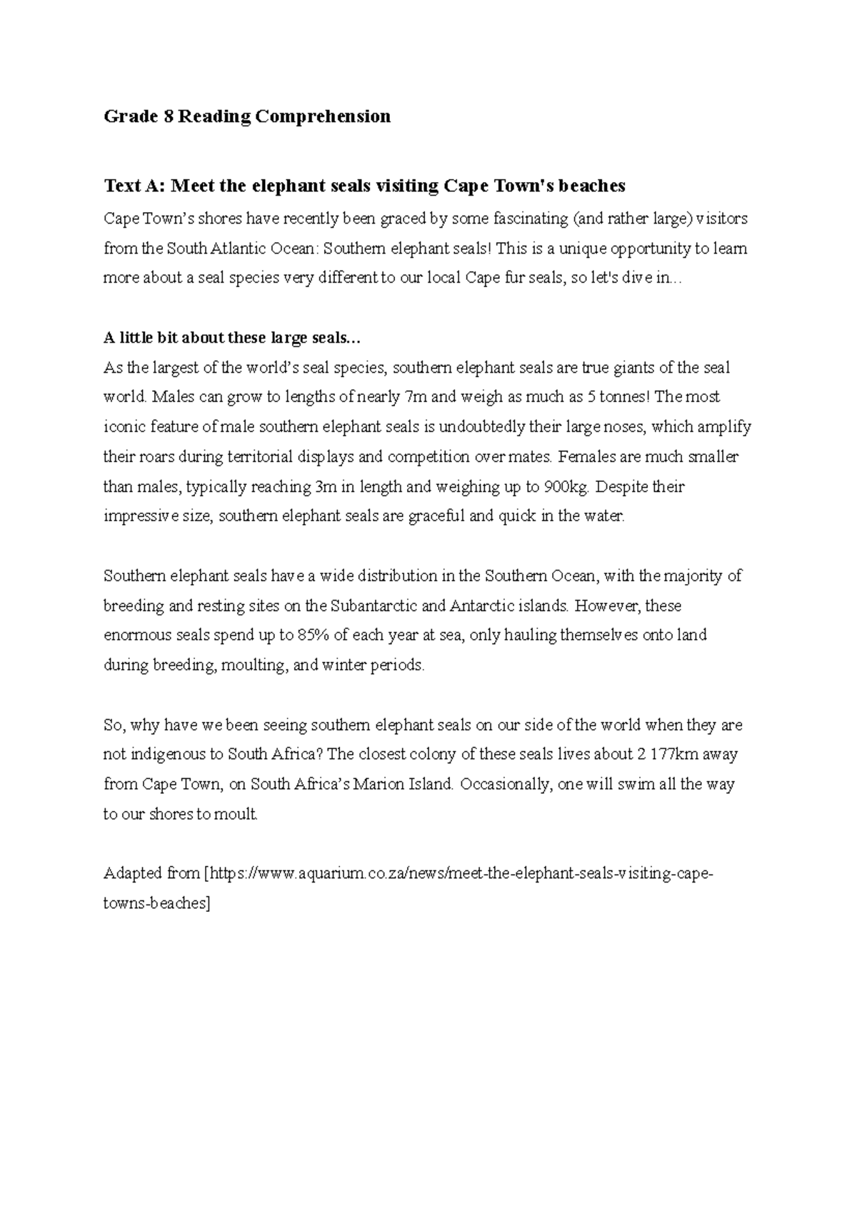 Grade 8 Reading Comprehension: Southern Elephant Seals at Cape Beaches ...