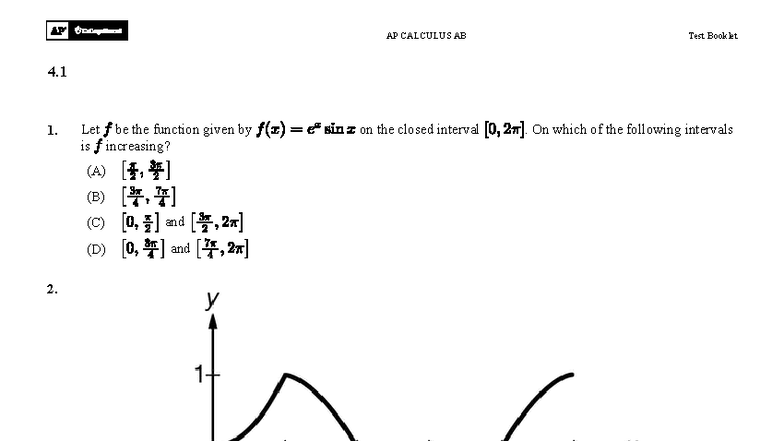 AP CALCULUS AB Test Booklet 4.1: Function Analysis and Graphs - Studocu