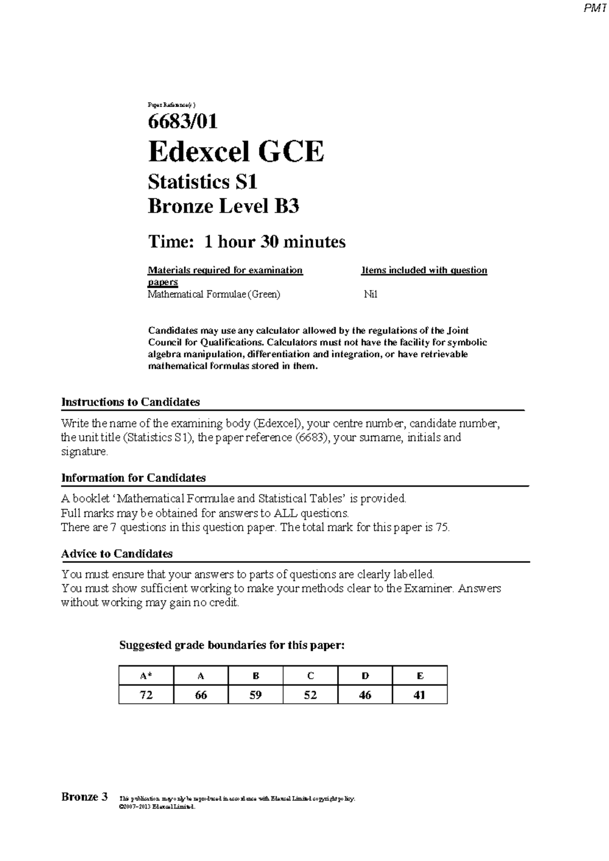 03 Bronze 3 - Edexcel GCE Statistics S1 Exam Paper - Studocu