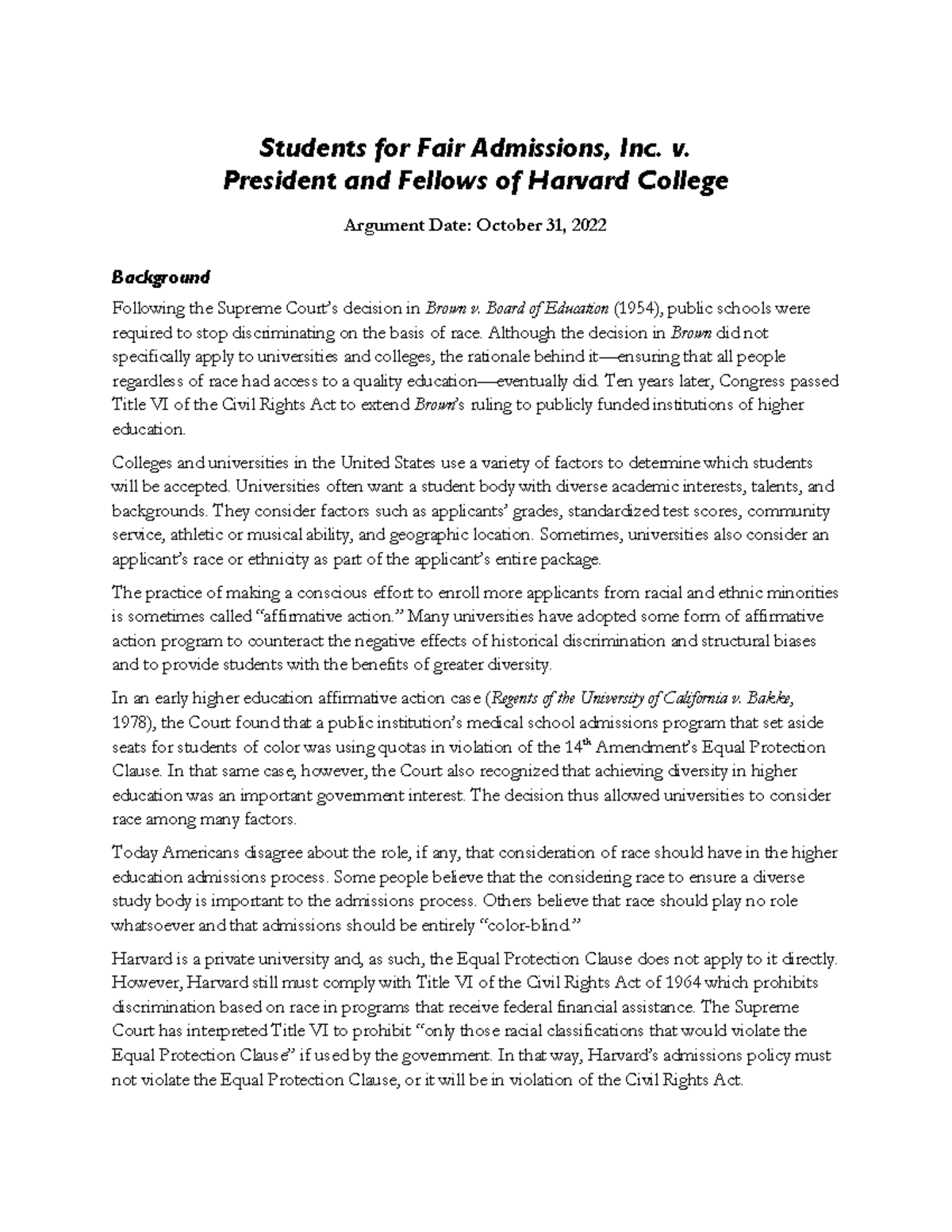 Students for Fair Admissions - v. President and Fellows of Harvard ...