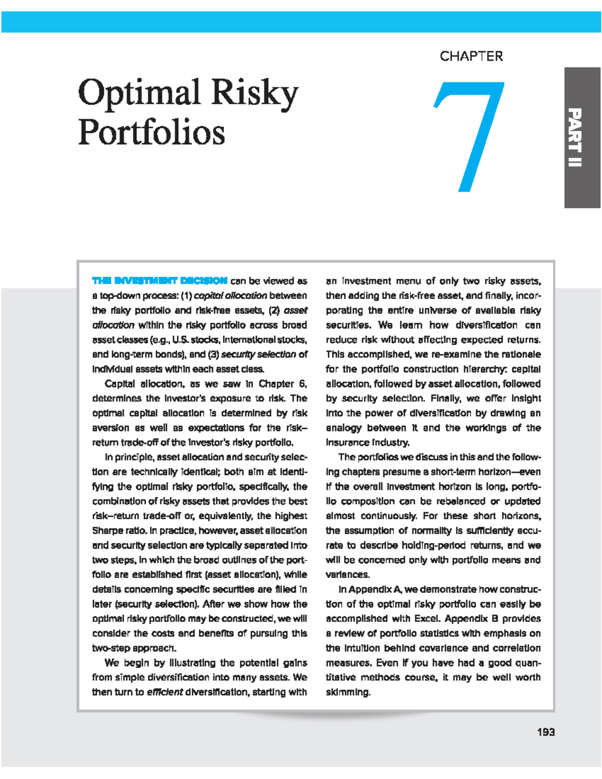CHAPTER 7 Optimal Risky Portfolios - Investments by Bodie, Kane, and ...
