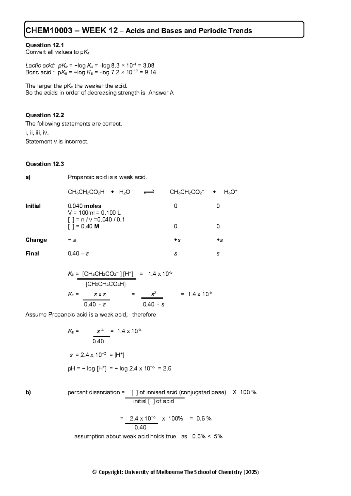 Week 12 CHEM10003 Acids, Bases & pKa Tutorial Solutions S1 2025 - Studocu