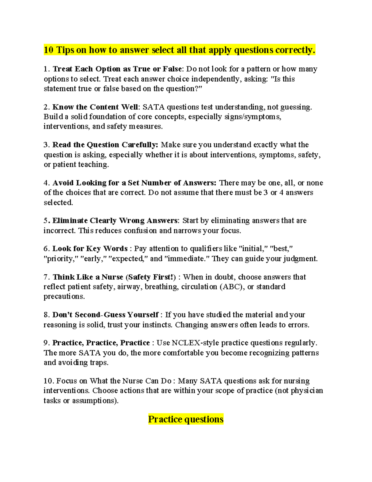 Fundamental SATA Questions: 10 Tips for Correct Answers - Studocu