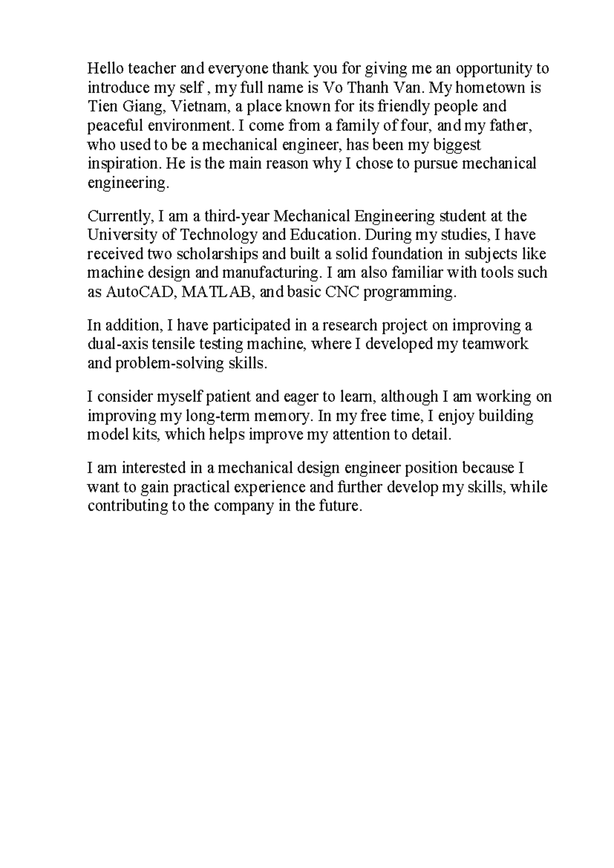 ME 101: Self-Introduction of Vo Thanh Van - Mechanical Engineering ...
