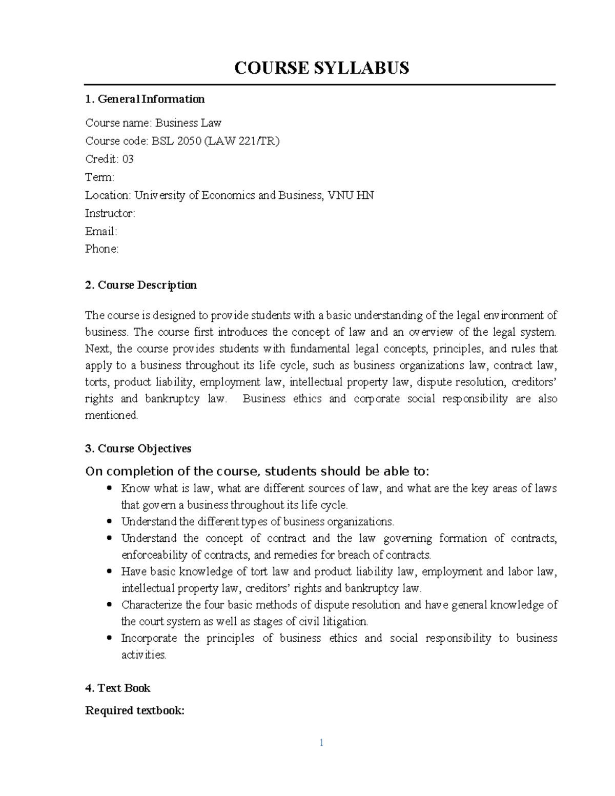 20. BSL 2050 - Business Law - COURSE SYLLABUS 1. General Information ...
