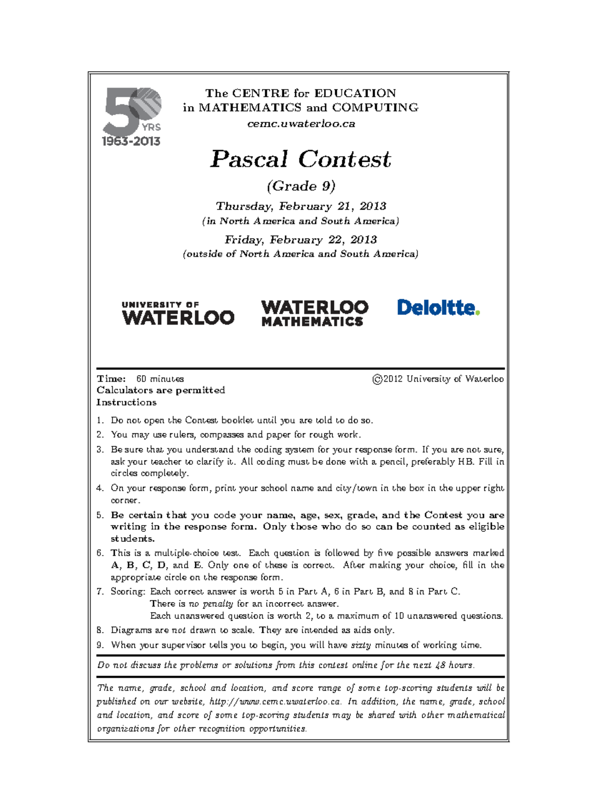 2013 Pascal Contest (Grade 9) - Problem Set and Solutions - Studocu