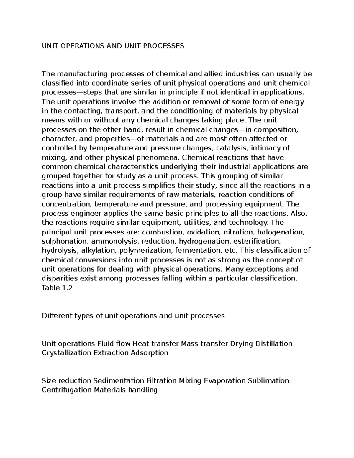 CHE 101: Unit Operations and Processes in Chemical Engineering - Studocu