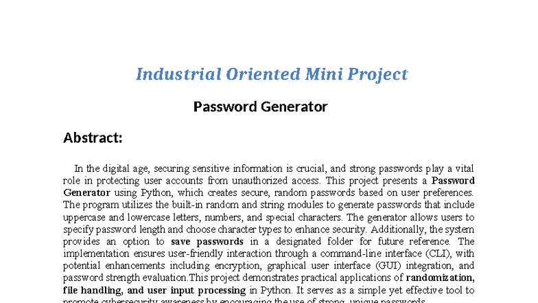 IT Mini Project: Password Generator - Abstract Lecture Notes - Studocu