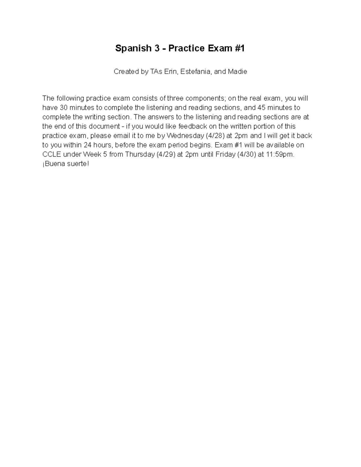 SPAN 3 Practice Exam #1 - Listening & Writing Sections Guide - Studocu