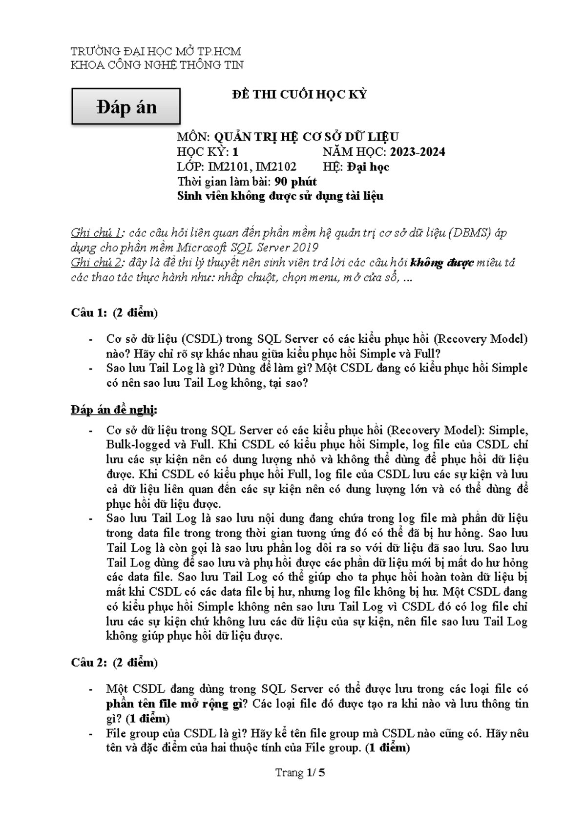 Đáp án Đề Thi Cuối Học Kỳ Môn Quản Trị Hệ Cơ Sở Dữ Liệu HK1 2324 - Studocu