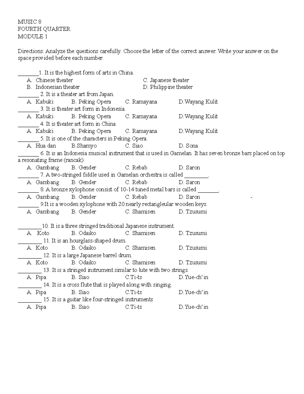Music 8 - Fourth Quarter Notes and Activities - Studocu