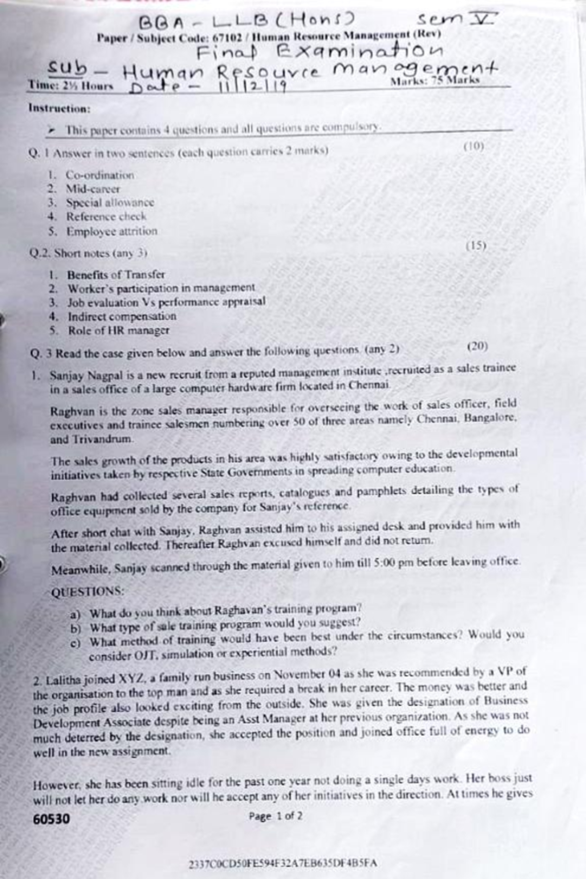 LLB (Hons) Sem V Paper Code: 67102 Human Resource Management Final Exam ...