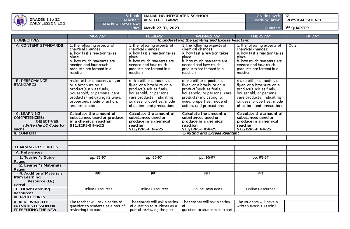 Physical Science 12 Limiting & Excess Reactants Daily Lesson Log - Studocu